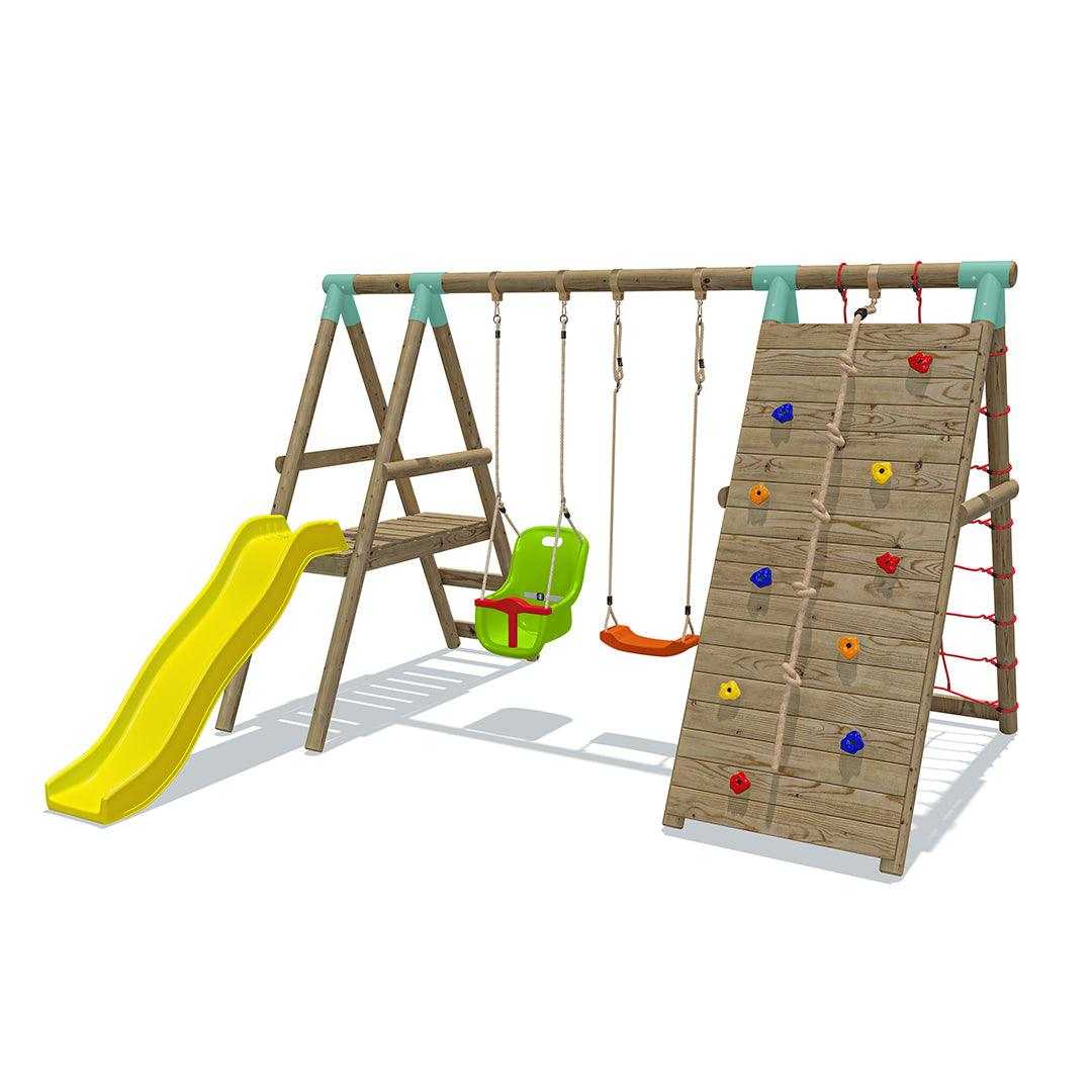 Go Wild Wooden Double Baby Swing Set With Climbing Wall & 6ft Slide
