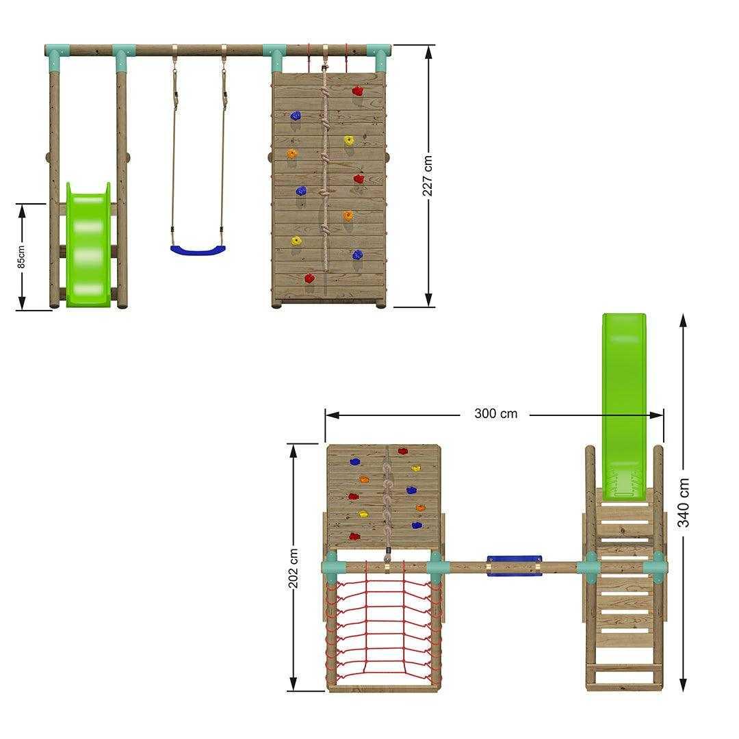 Go Wild Wooden Swing Set With Climbing Wall 6ft Slide - Titan Toys